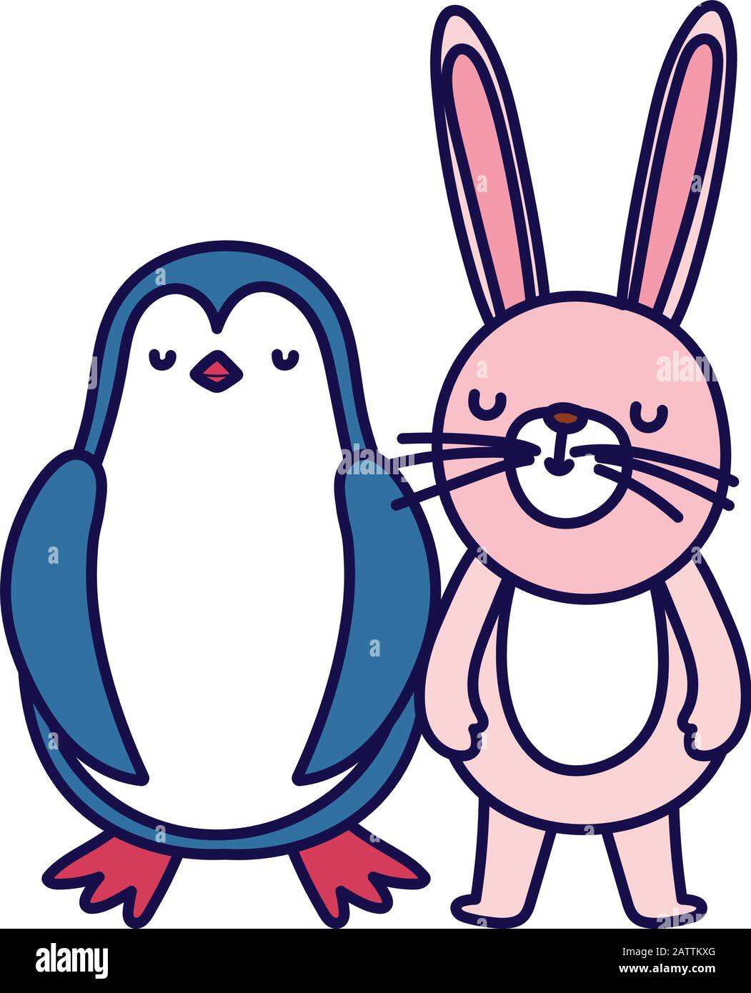 little penguin and rabbit cartoon character on white background vector ...