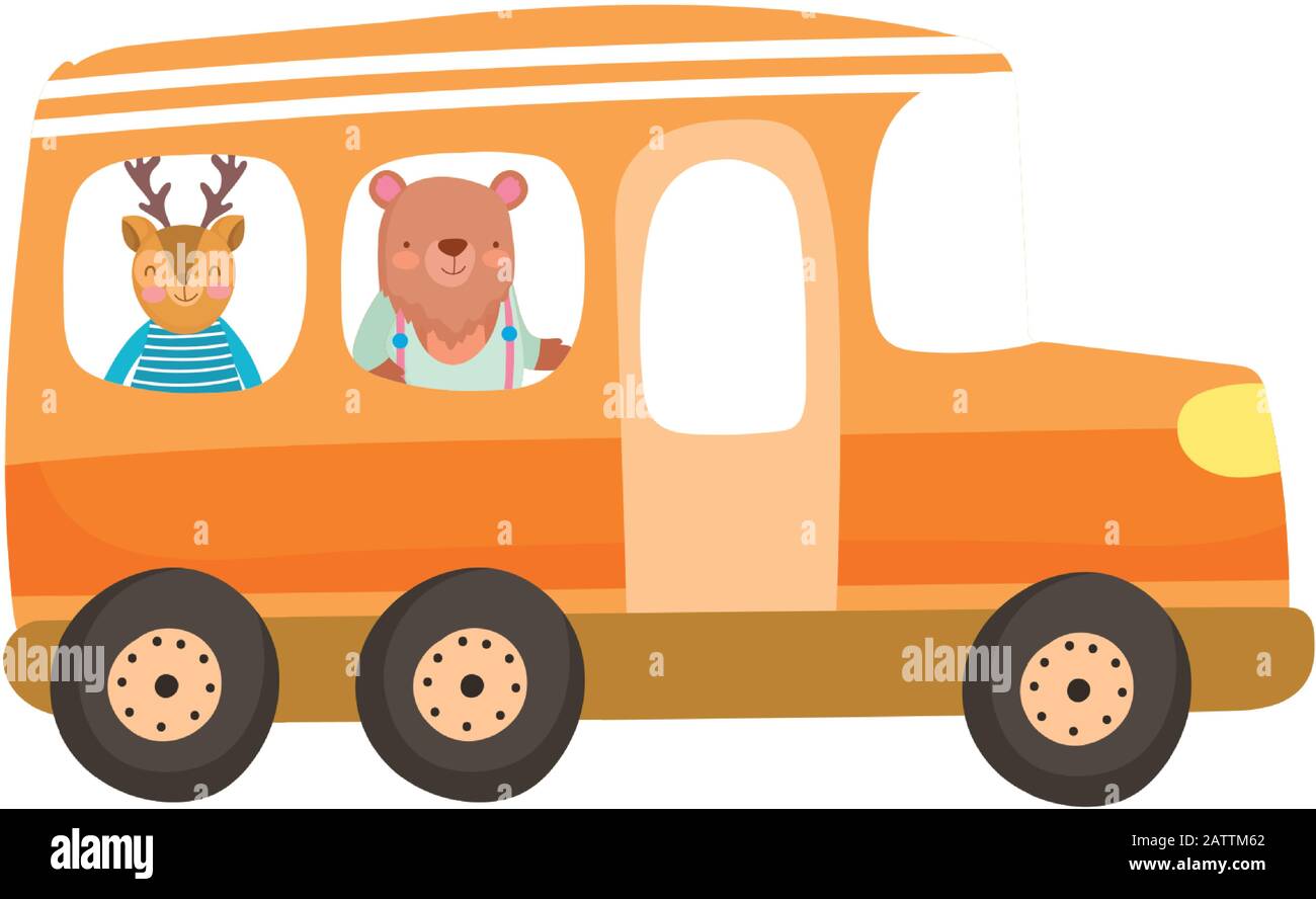 back to school education cute bear and deer in the bus transport vector ...
