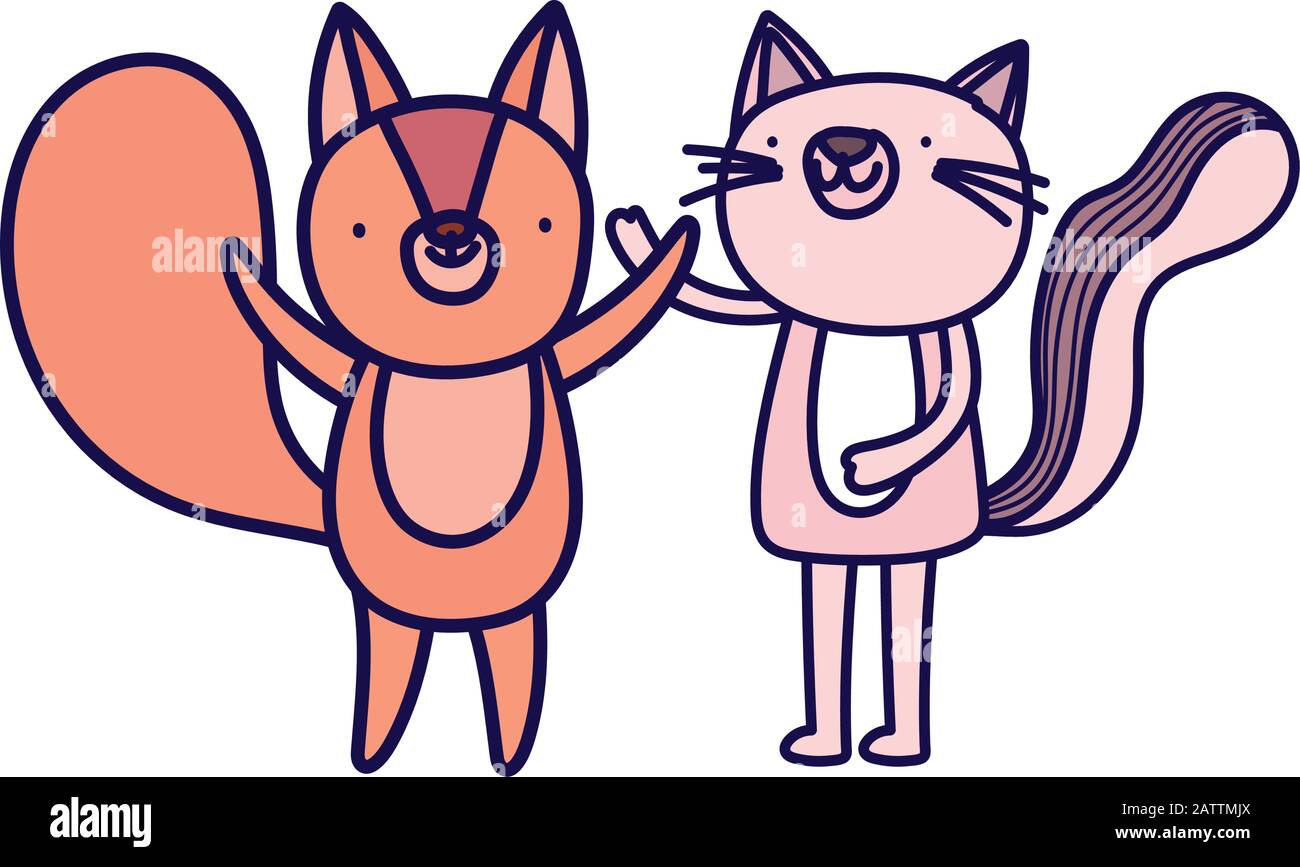 little pink cat and squirrel cartoon character on white background ...