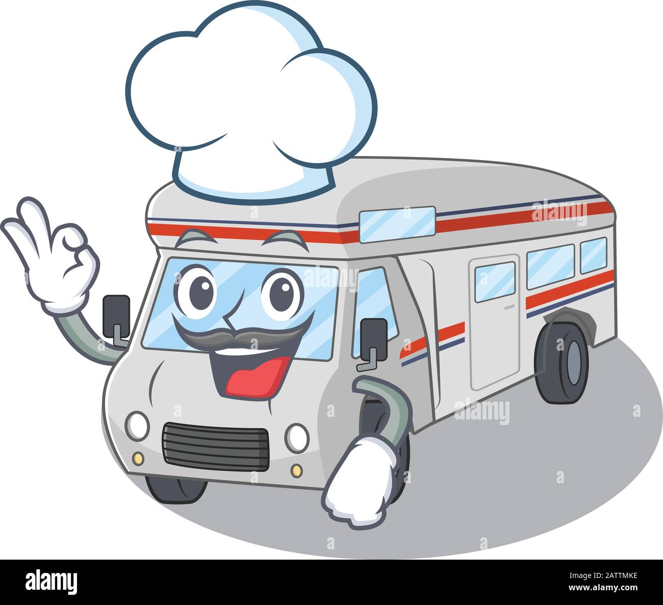 Campervan cartoon character working as a chef and wearing white hat ...