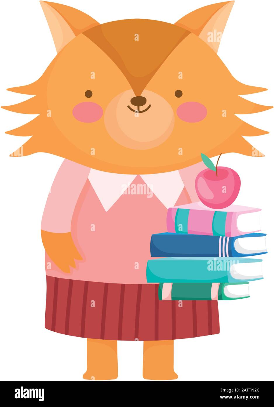 back to school education cute fox with books and apple vector ...