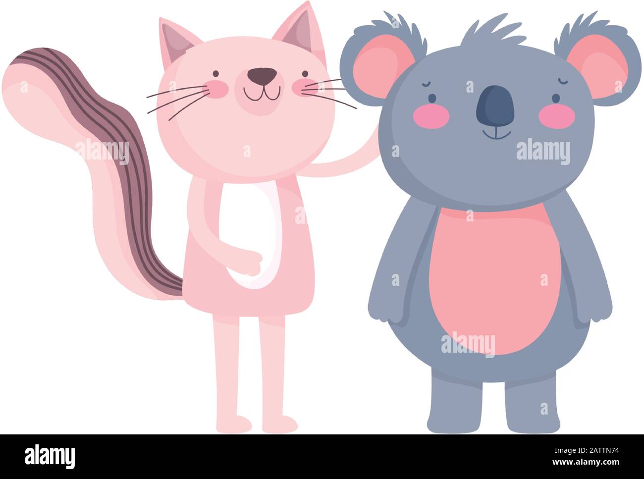 little pink cat and koala cartoon character on white background vector ...