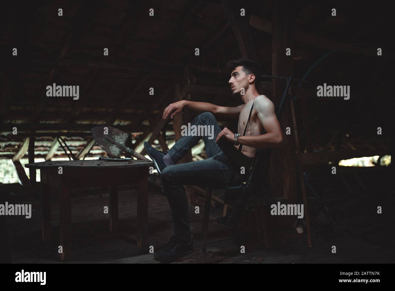 Portrait of mafia member model sitting at the table. Mafia Concept ...