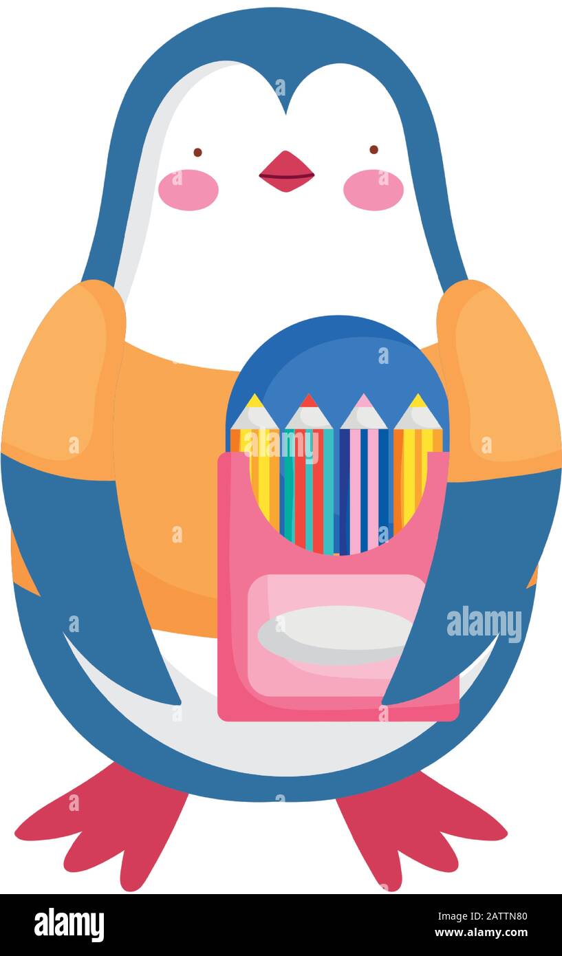 back to school education cute penguin with pencil color in box class ...