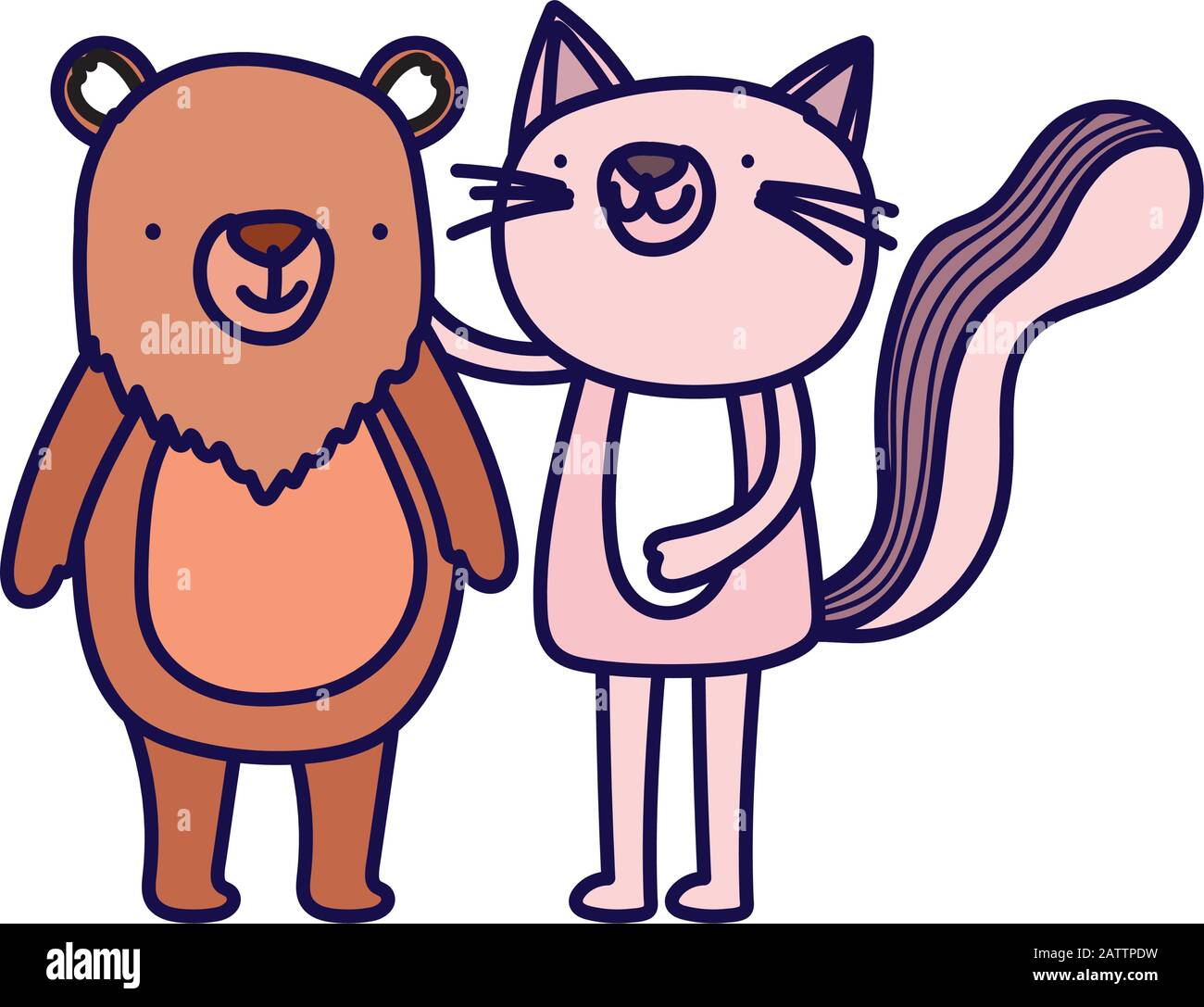 little pink cat and bear cartoon character on white background vector ...