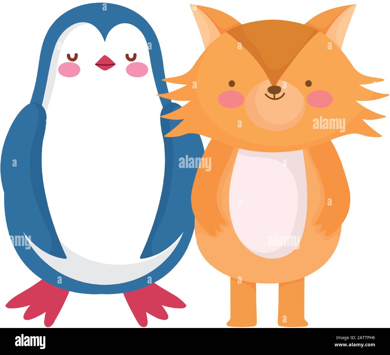 cute penguin and fox cartoon on white background vector illustration ...