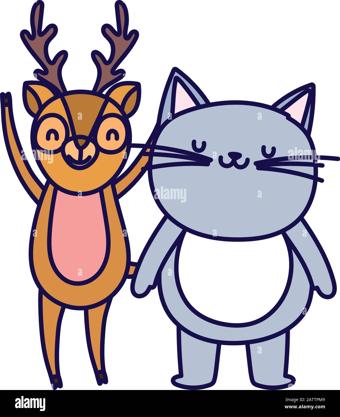 little cat and deer cartoon character on white background vector ...
