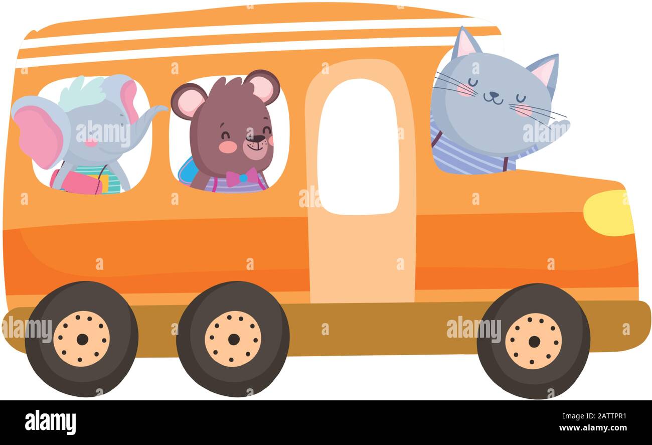 back to school education cute elephant bear and cat in bus transport ...