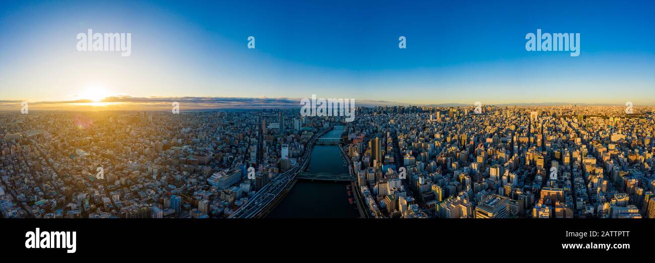 Aerial panorama view by drone of Tokyo Cityscape on sunrise in Tokyo ...
