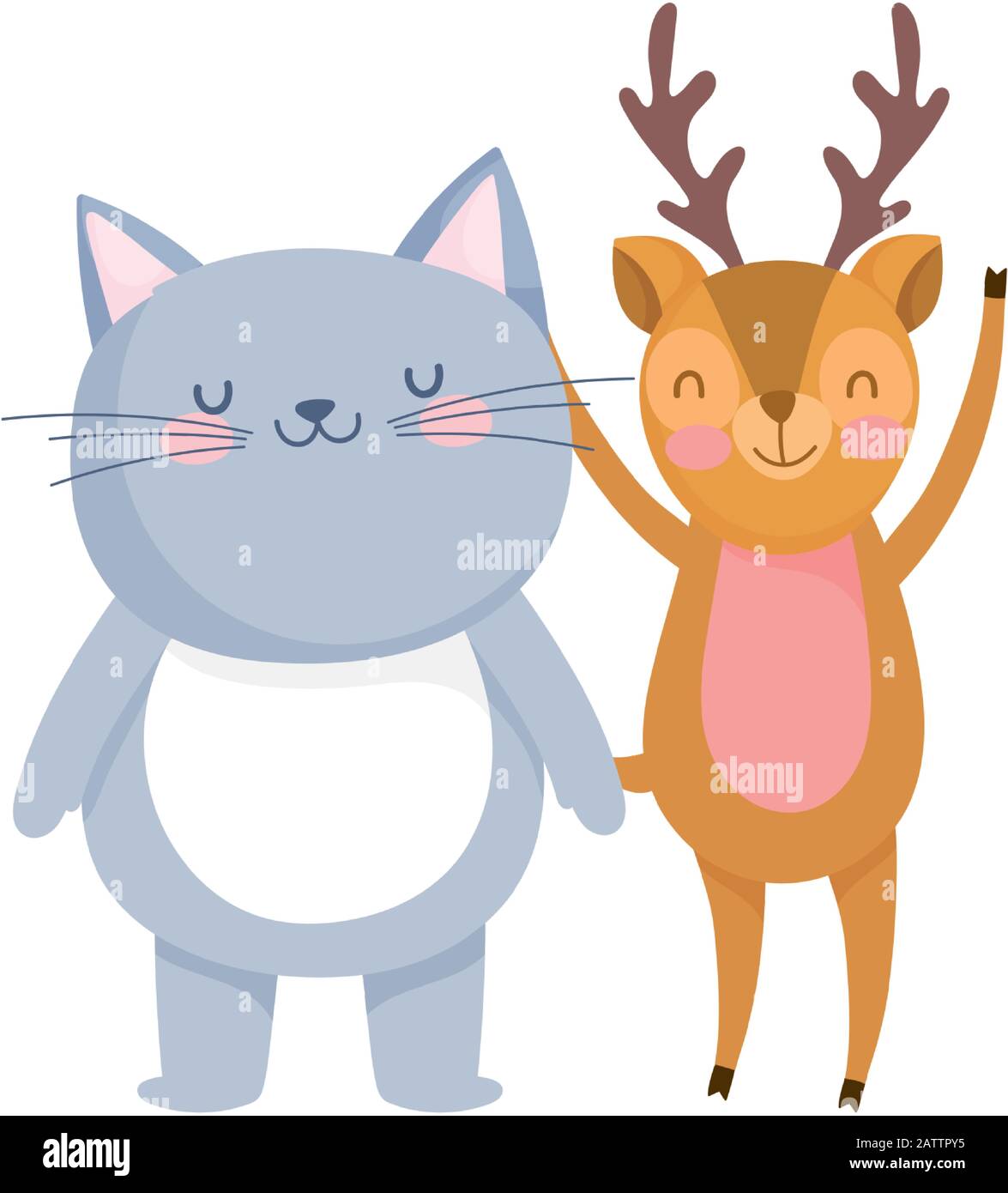 little cat and deer cartoon character on white background vector ...