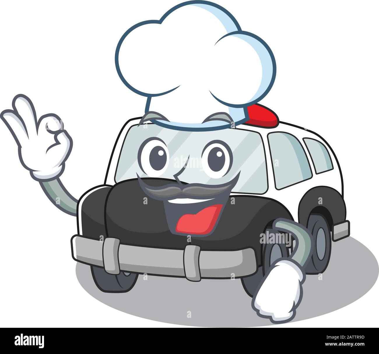 Police Car cartoon character working as a chef and wearing white hat ...