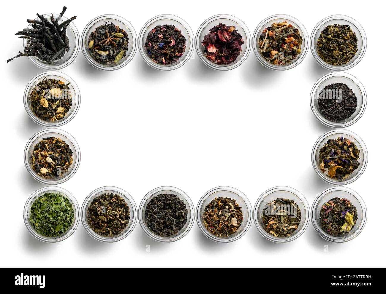 Large assortment of tea on a white background. The view from the top ...