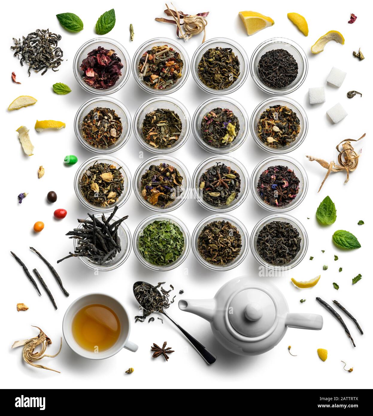 Large assortment of tea on a white background. The view from the top ...