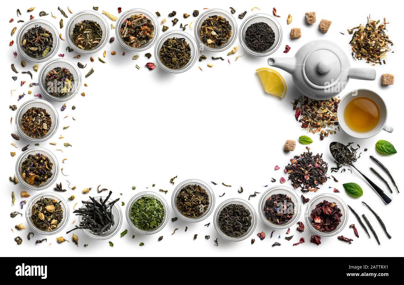 Large assortment of tea on a white background. The view from the top ...