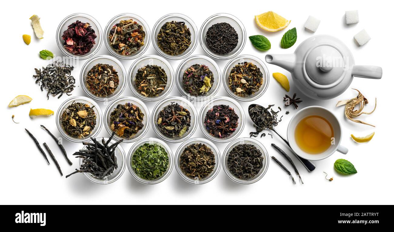 Large assortment of tea on a white background. The view from the top ...