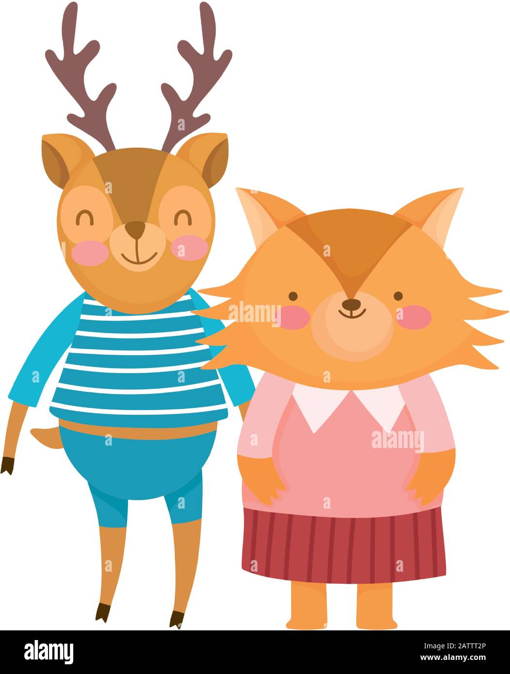 cute deer and fox with clothes cartoon on white background vector ...