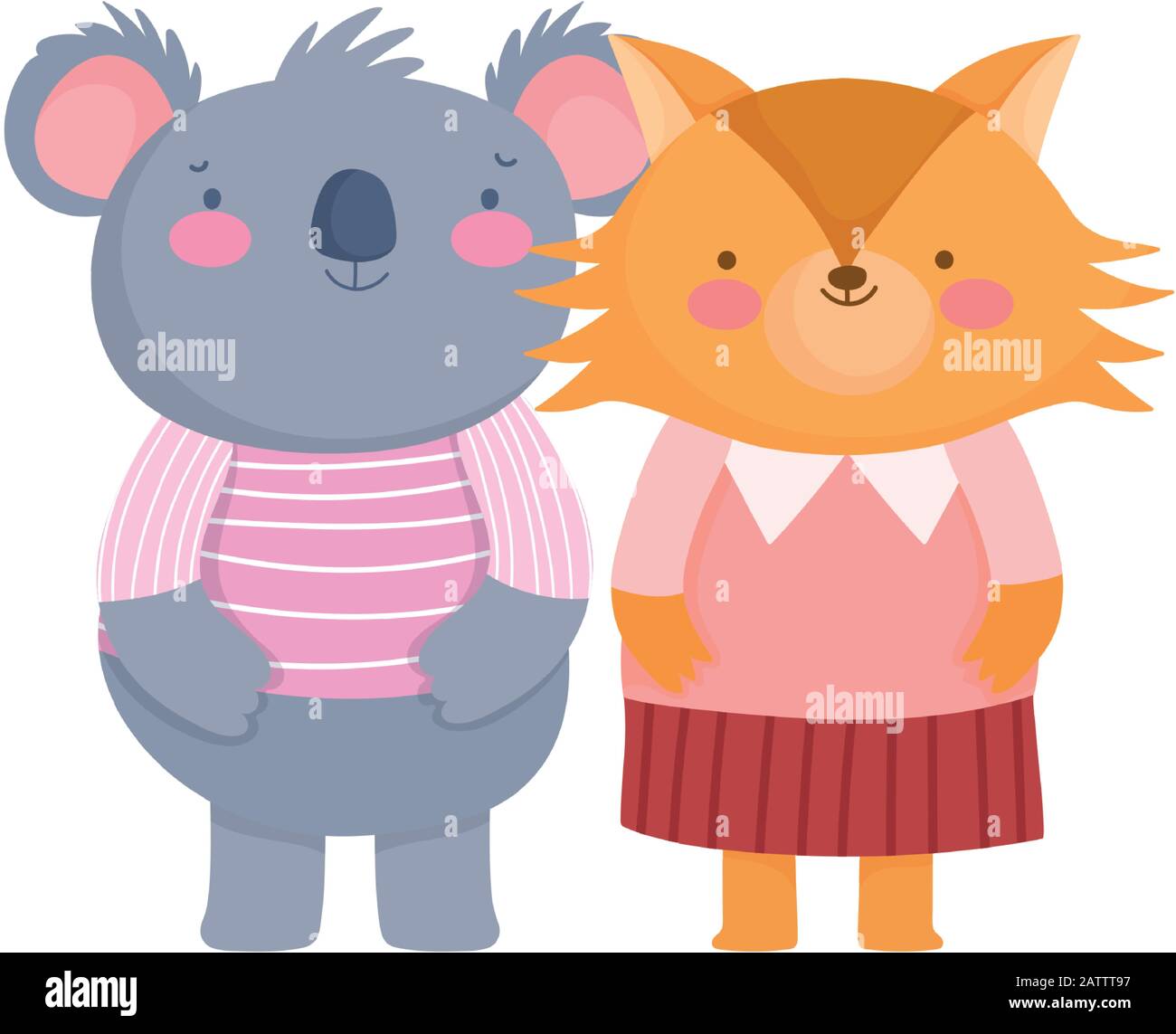 cute fox and koala with clothes cartoon on white background vector ...