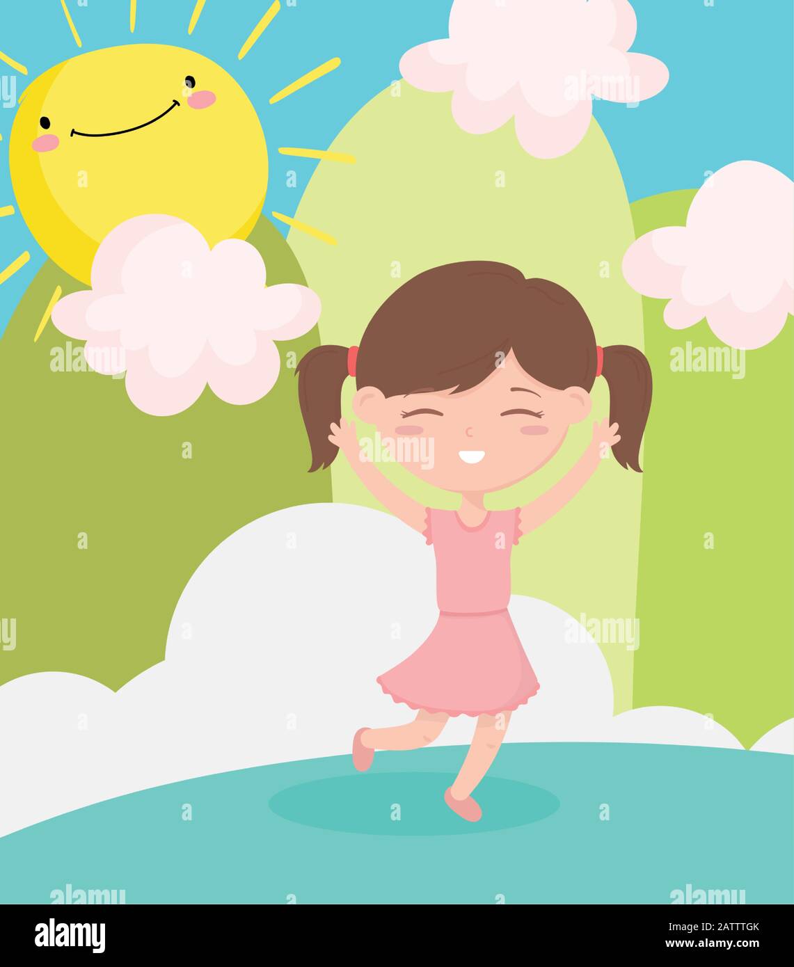 happy childrens day, cute little girl cartoon celebrating outdoors ...