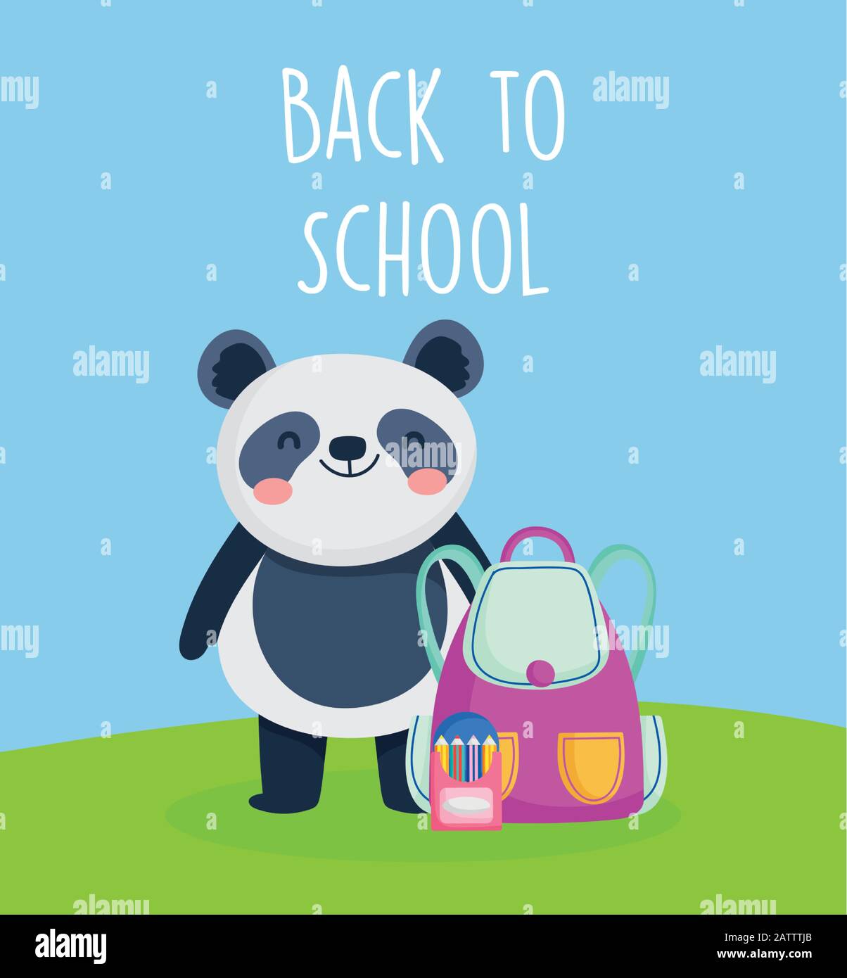 back to school education cute little panda with bag and pencils color ...