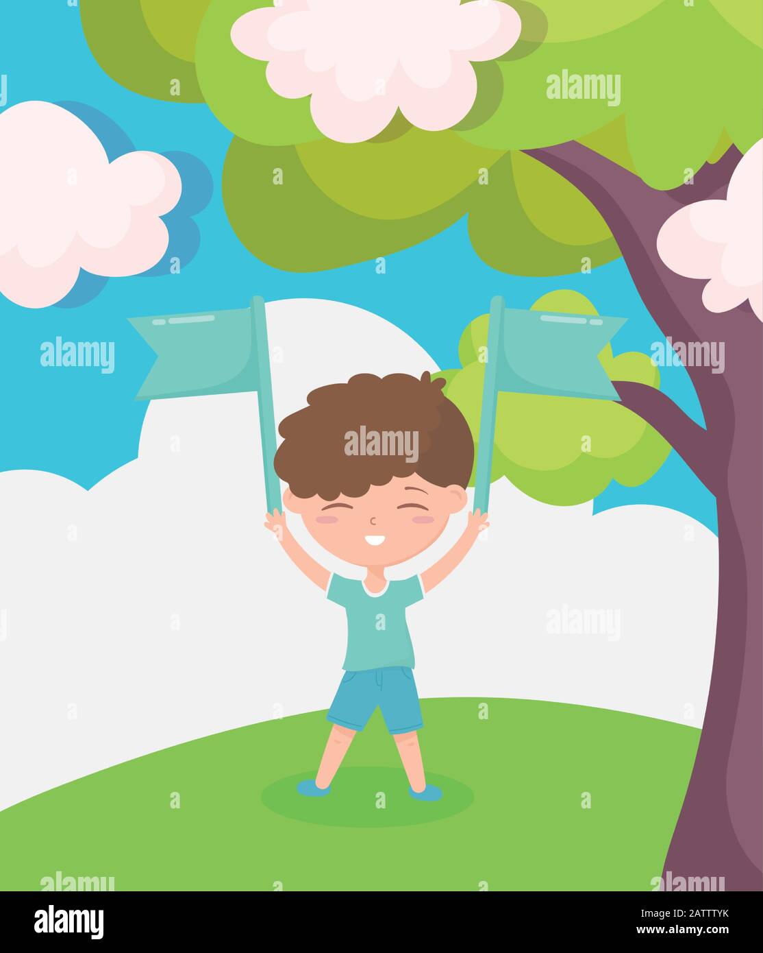 happy childrens day, little boy playing with flags cartoon outdoors ...