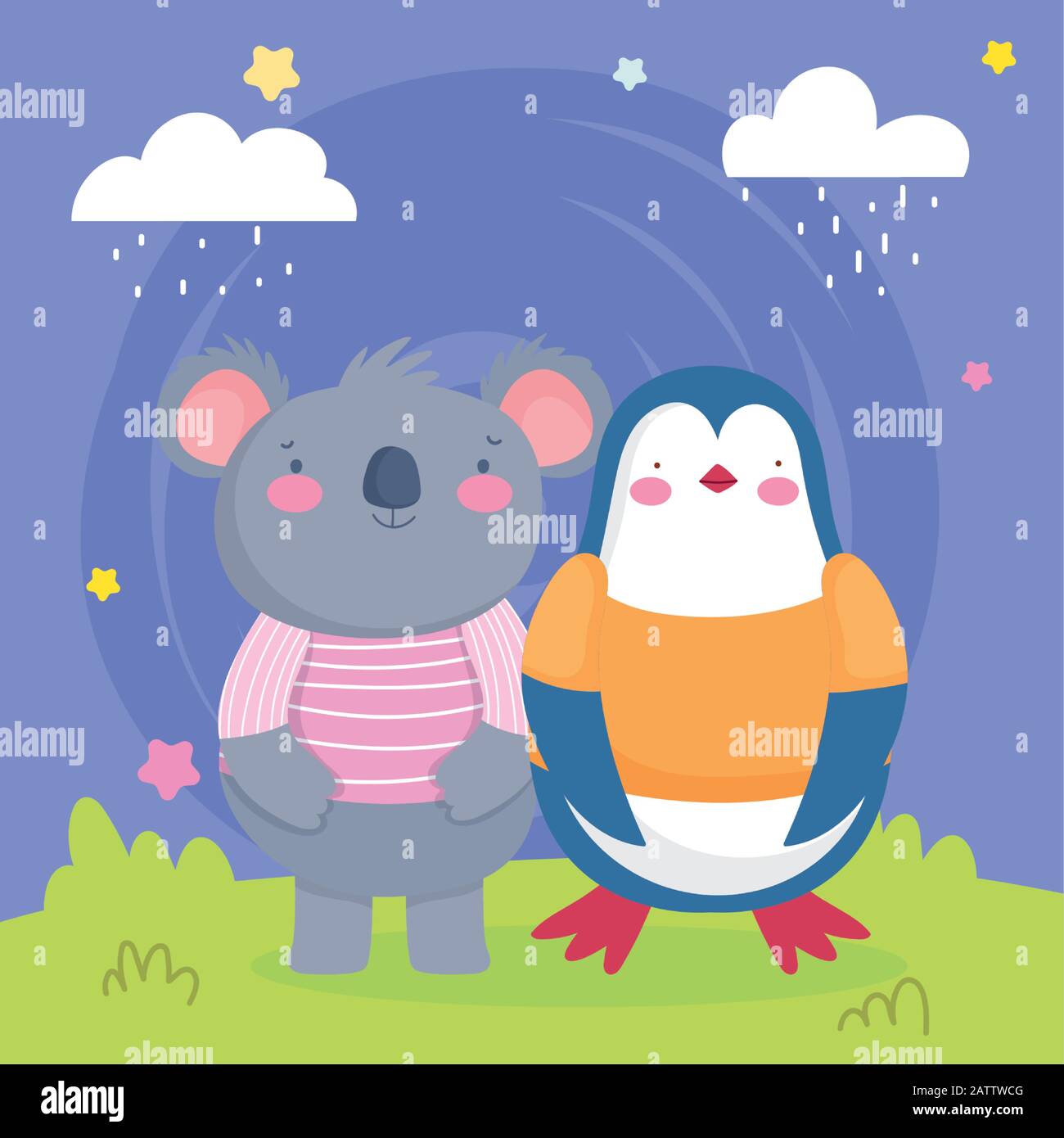 cute koala and penguin with shirts in the grass vector illustration ...