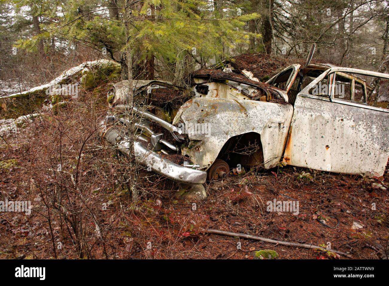 A wrecked 1951 Chrysler Suburban 2-door Station Wagon abandoned at an ...