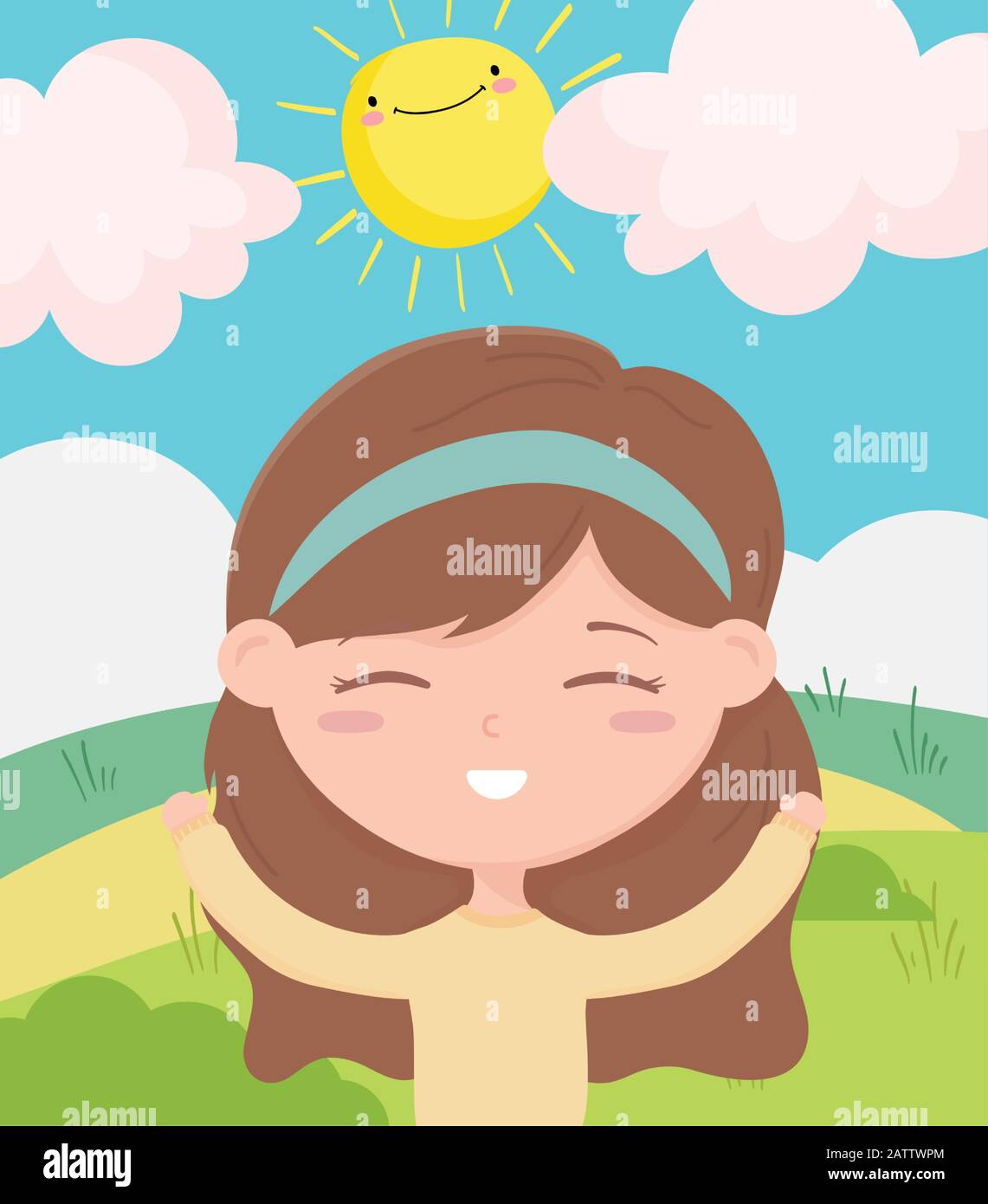 happy childrens day, cute little girl cartoon celebrating outdoors ...