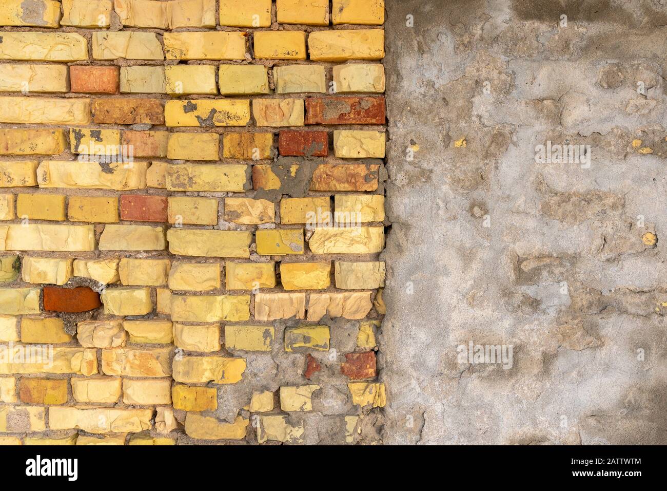 Half and half of concrete and brick wall. Textured background Stock ...