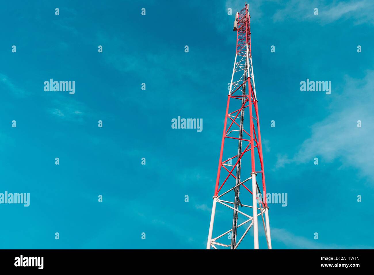 Communication tower or high speed internet signal tower with blue sky with space for text Stock ...