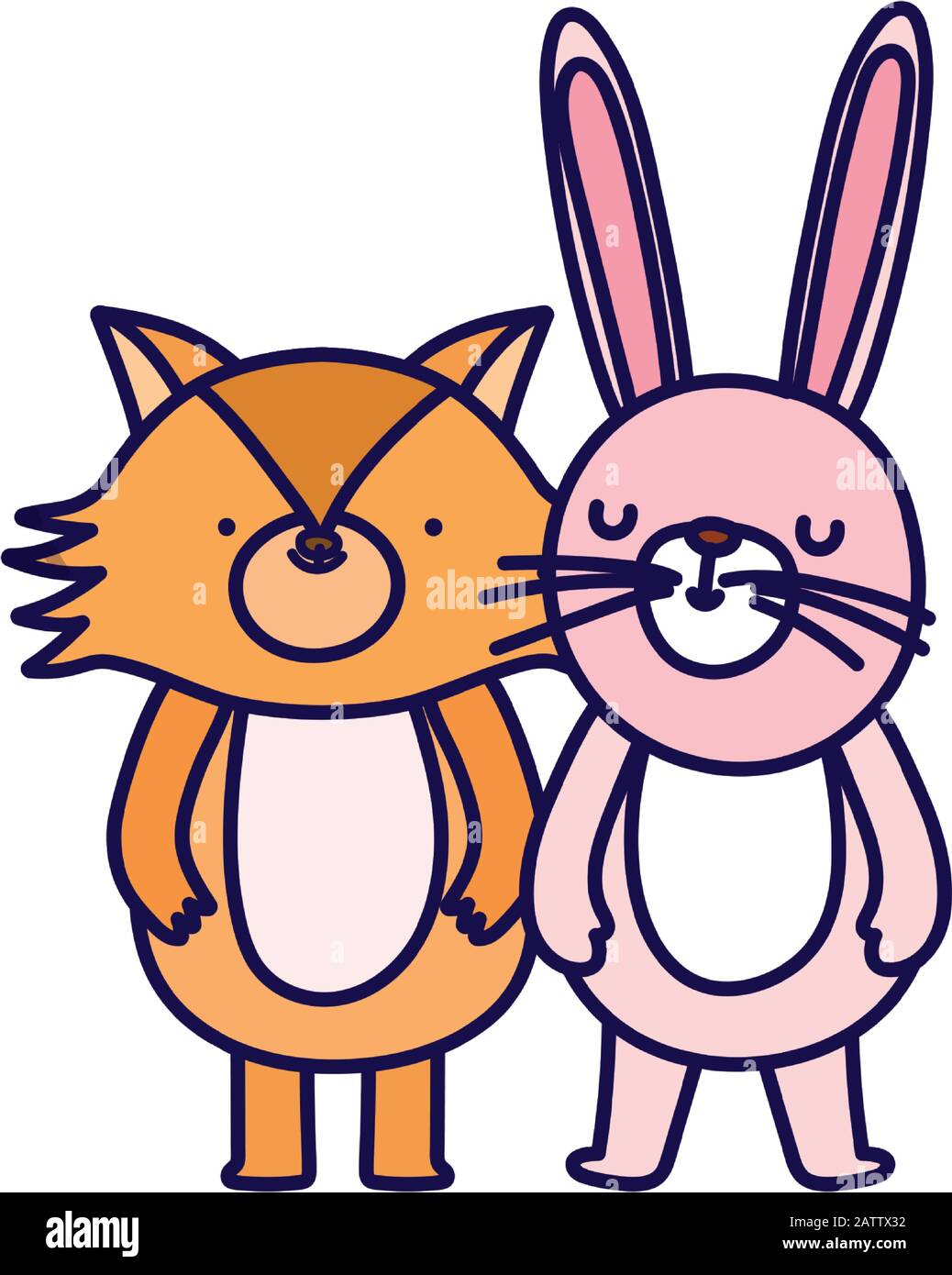 little fox and rabbit cartoon character on white background vector ...