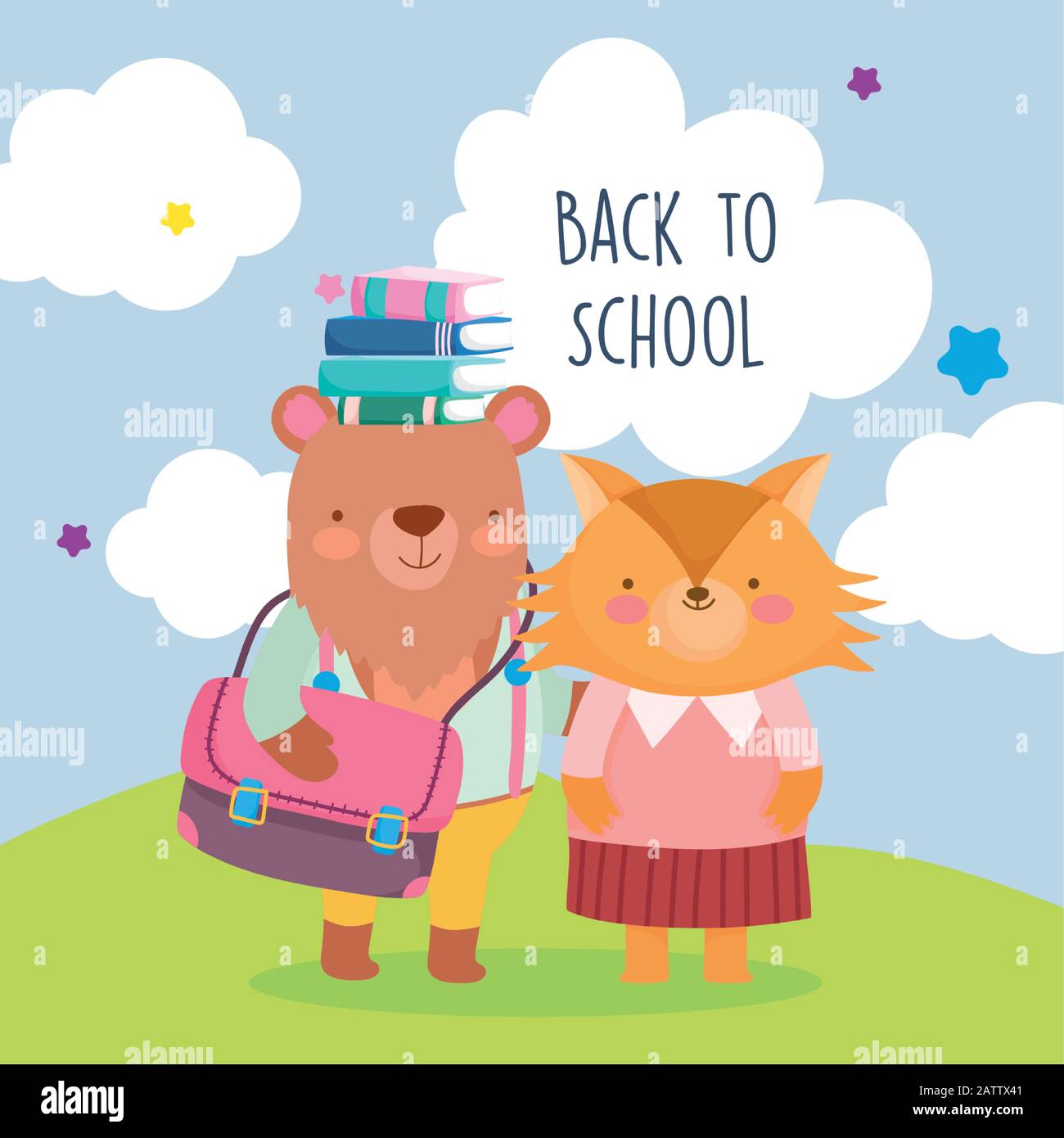 back to school education cute bear with bag books in head and fox ...