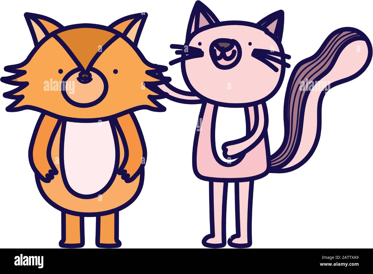 little fox and pink cat cartoon character on white background vector ...