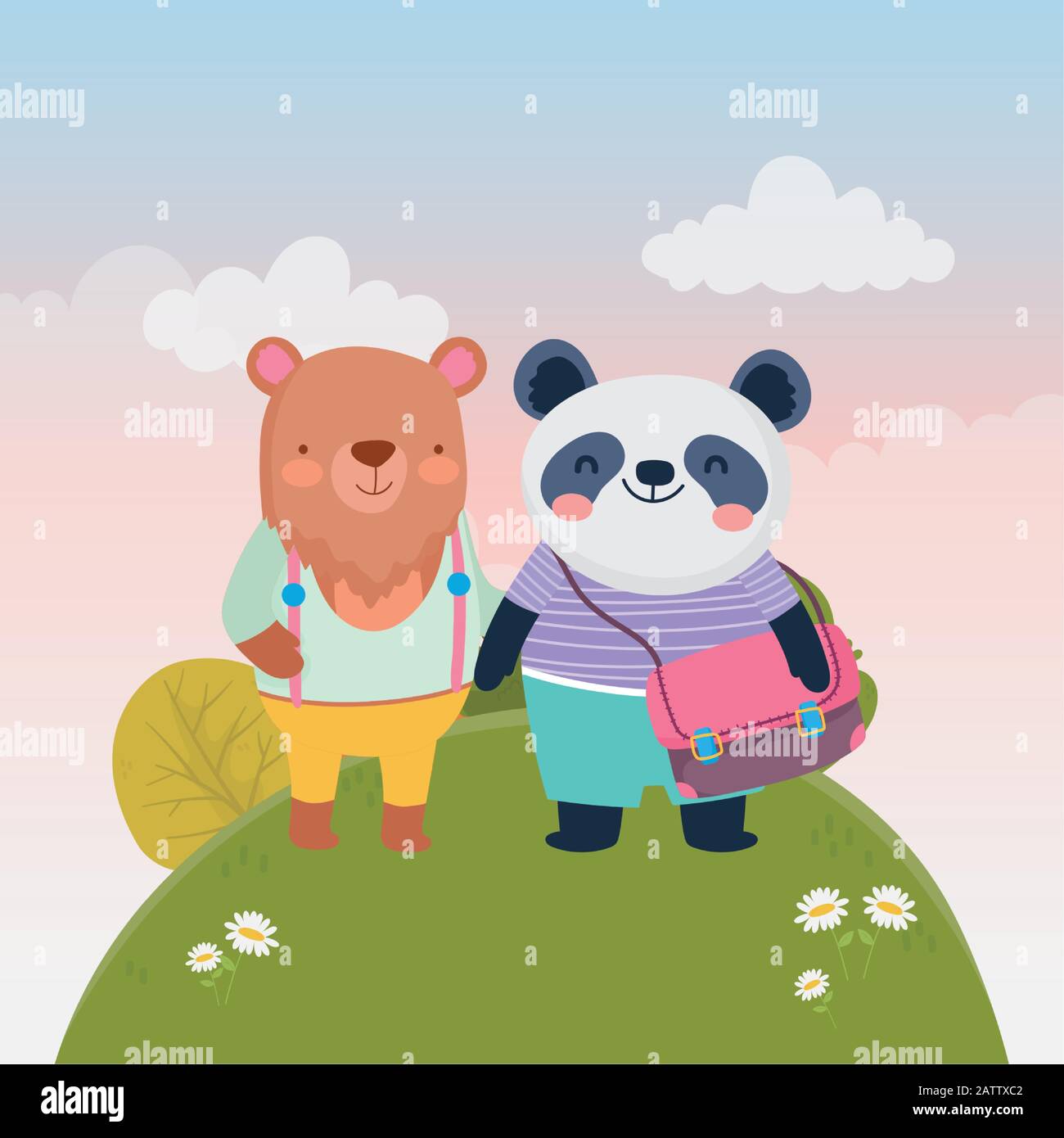 back to school education cute bear and panda with backpack nature ...