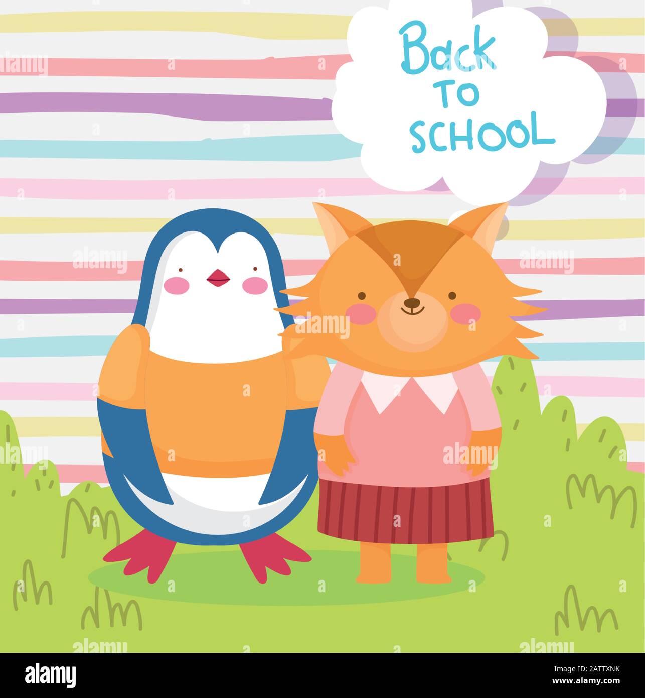 back to school education cute penguin and fox cartoon stripes ...