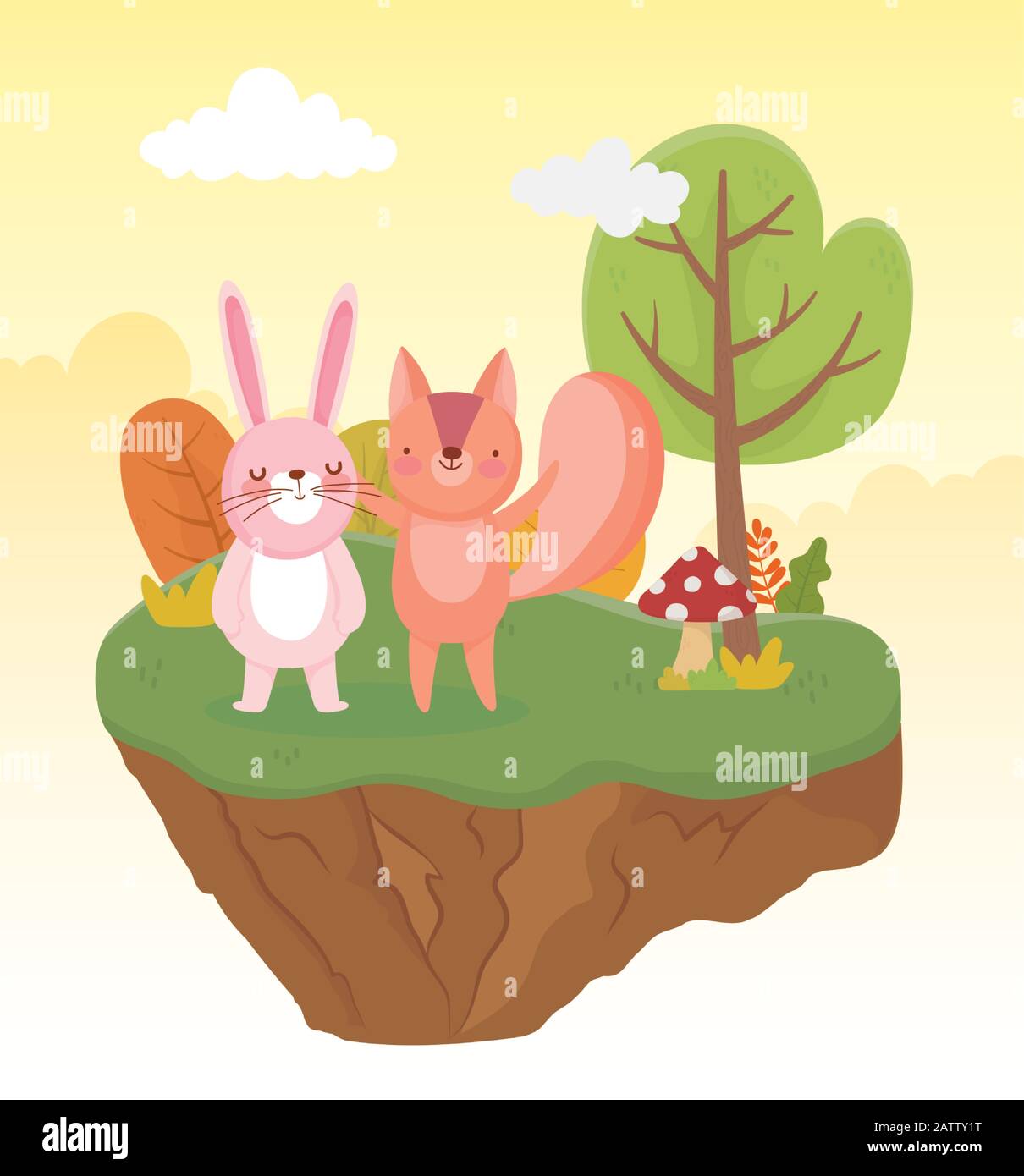 cute rabbit and squirrel tree foliage nature landscape vector ...