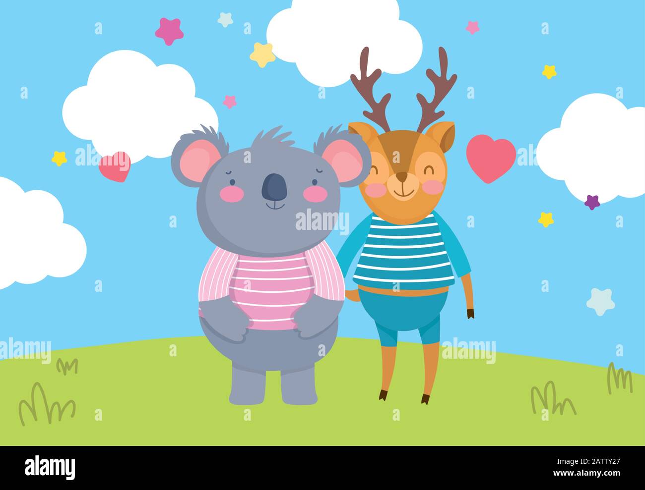 cute little deer and koala grass love hearts cartoon vector ...