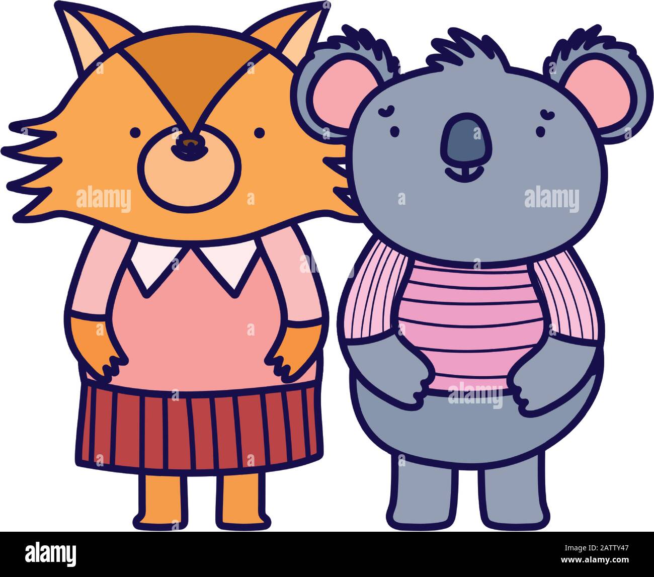 cute fox and koala with clothes cartoon on white background vector ...