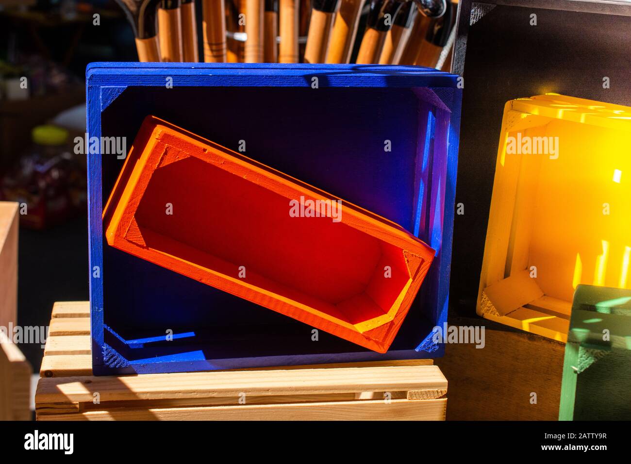 Colorful wooden box, packaging crates or crated containers for delivery ...