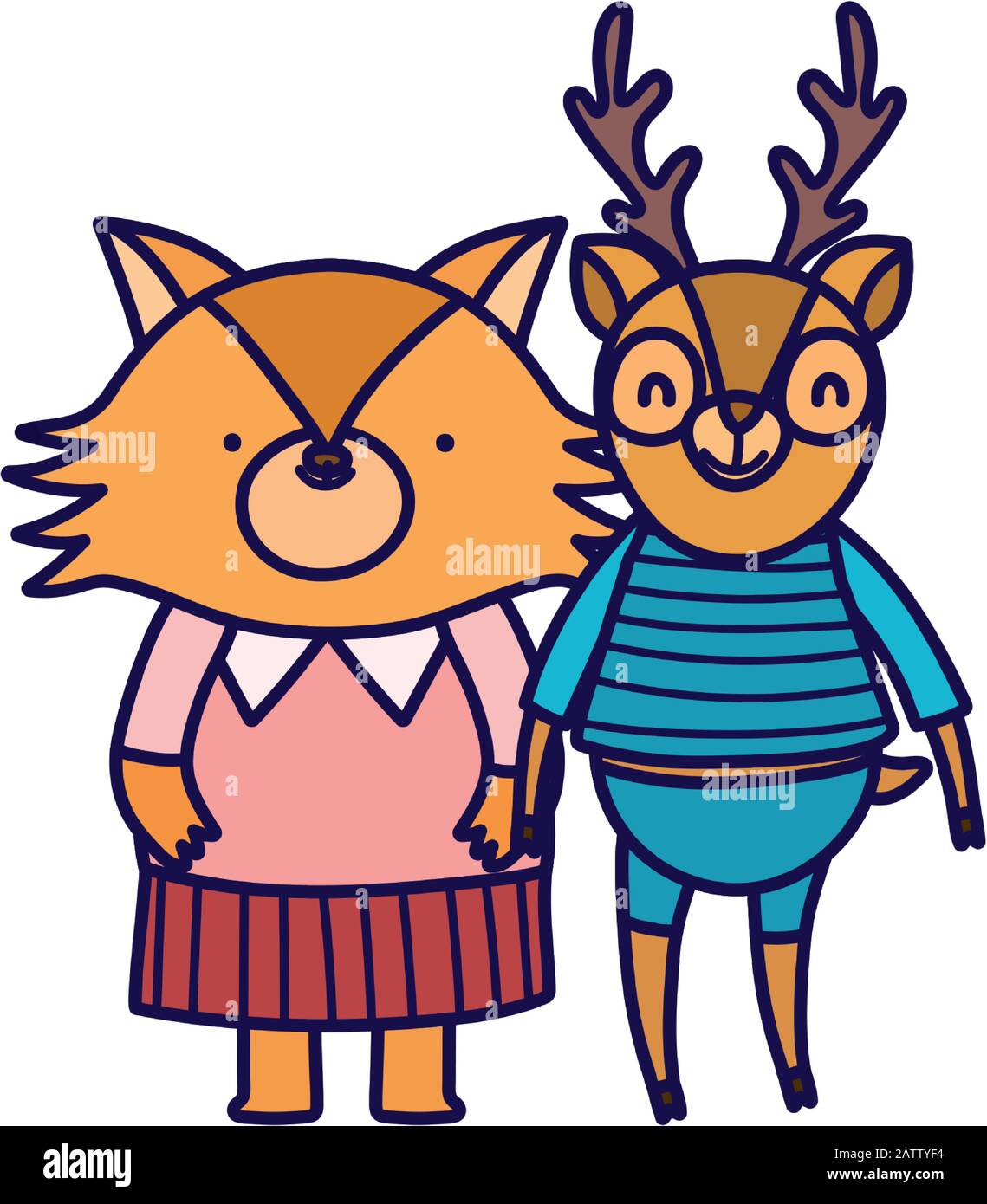 cute deer and fox with clothes cartoon on white background vector ...