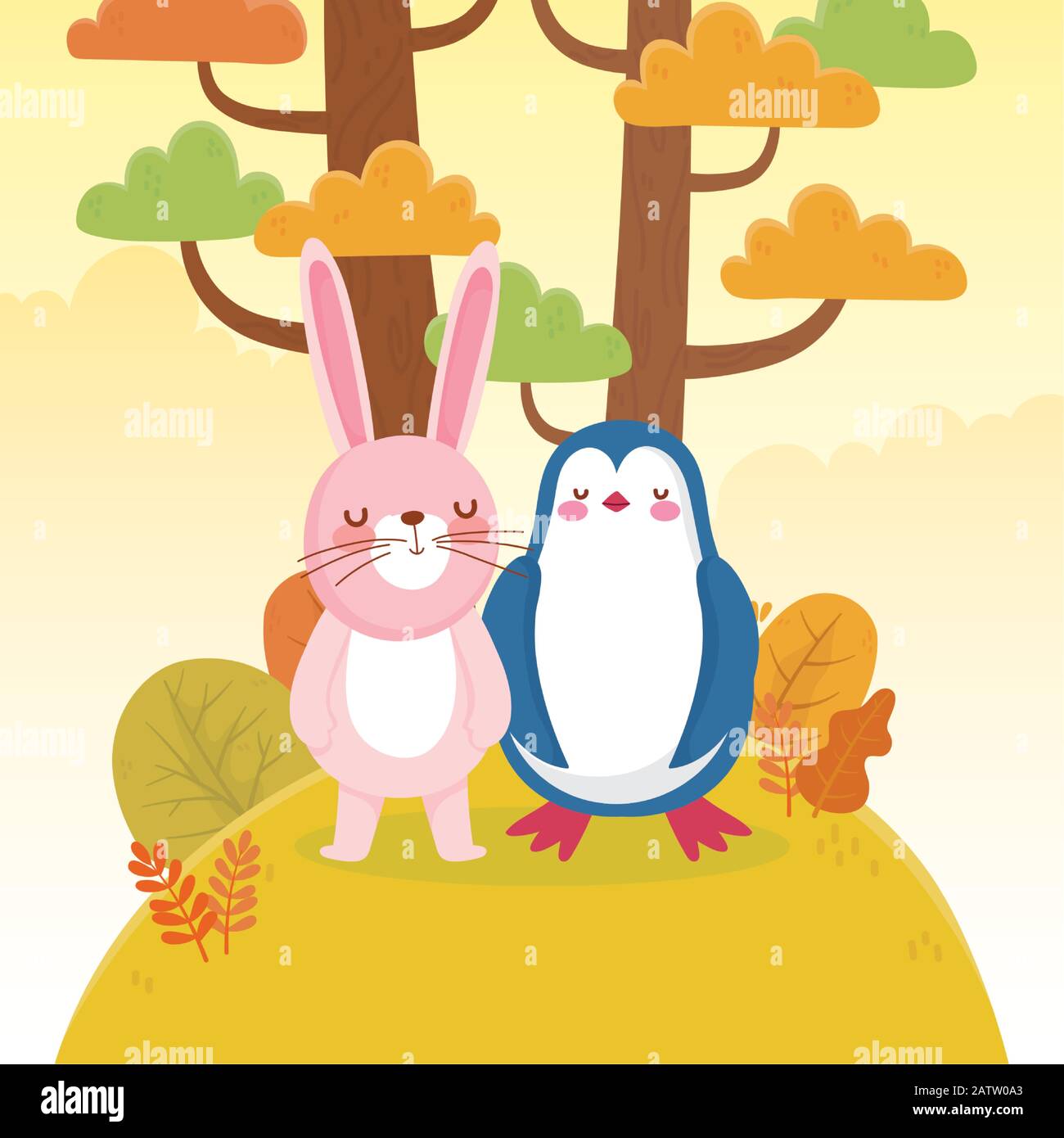 cute penguin and rabbit trees foliage nature landscape vector ...