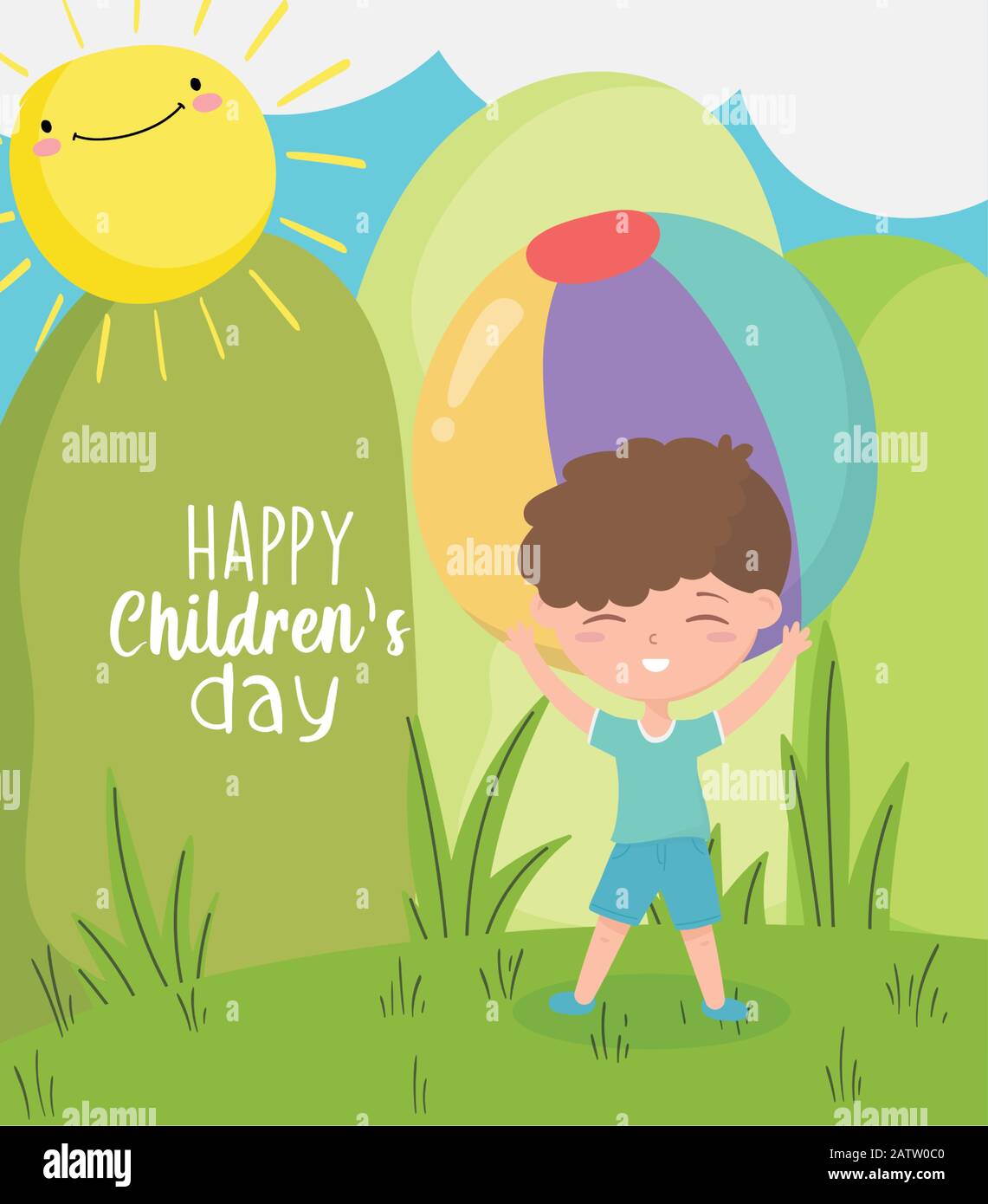 happy childrens day, little boy playing with ball cartoon vector ...