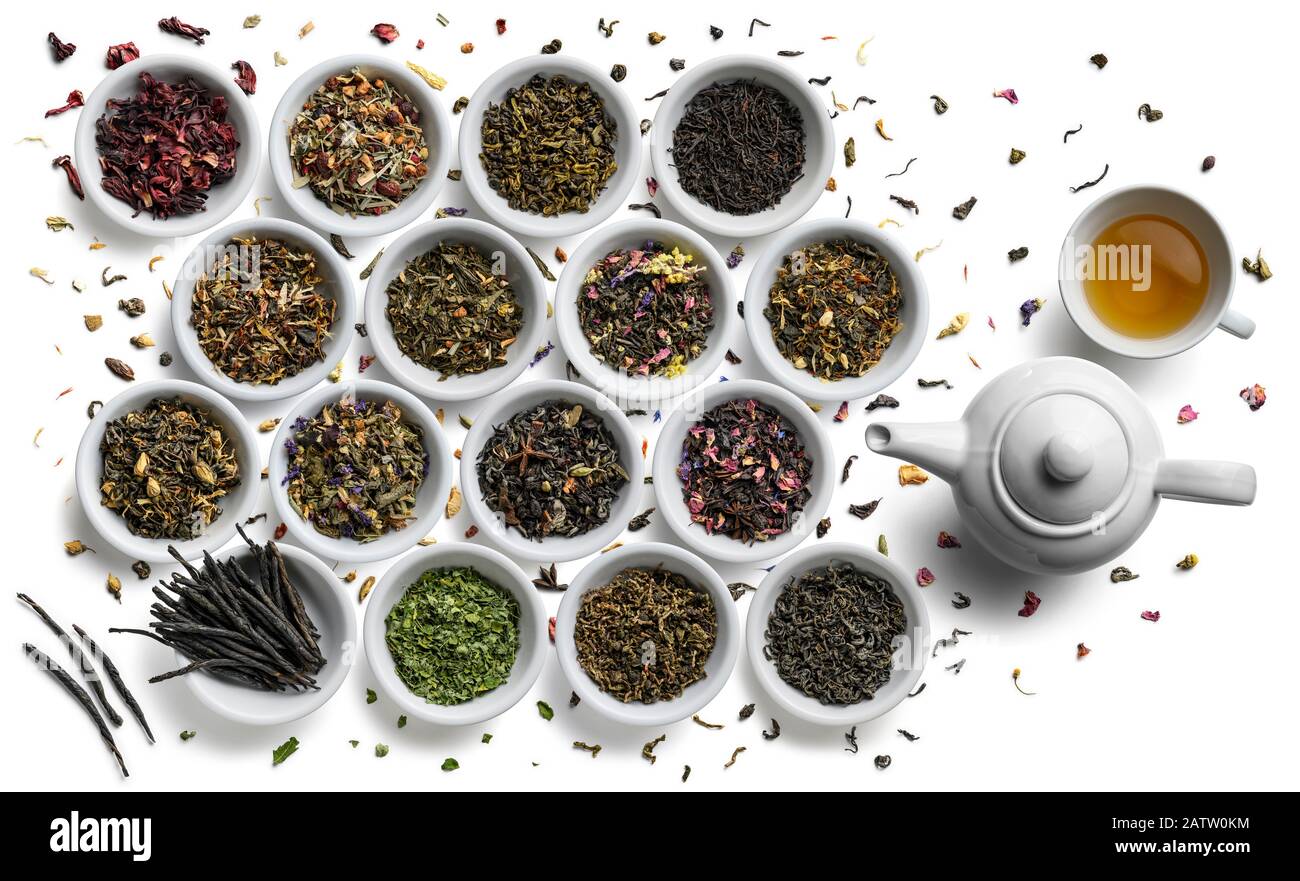 Large assortment of tea on a white background. The view from the top ...