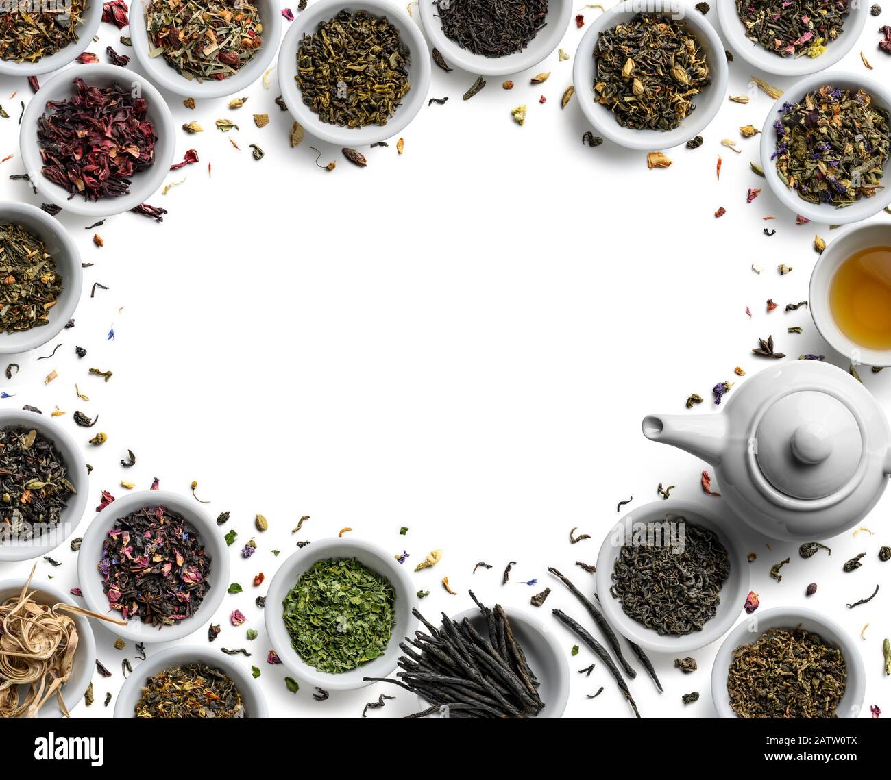 Large assortment of tea on a white background. The view from the top ...