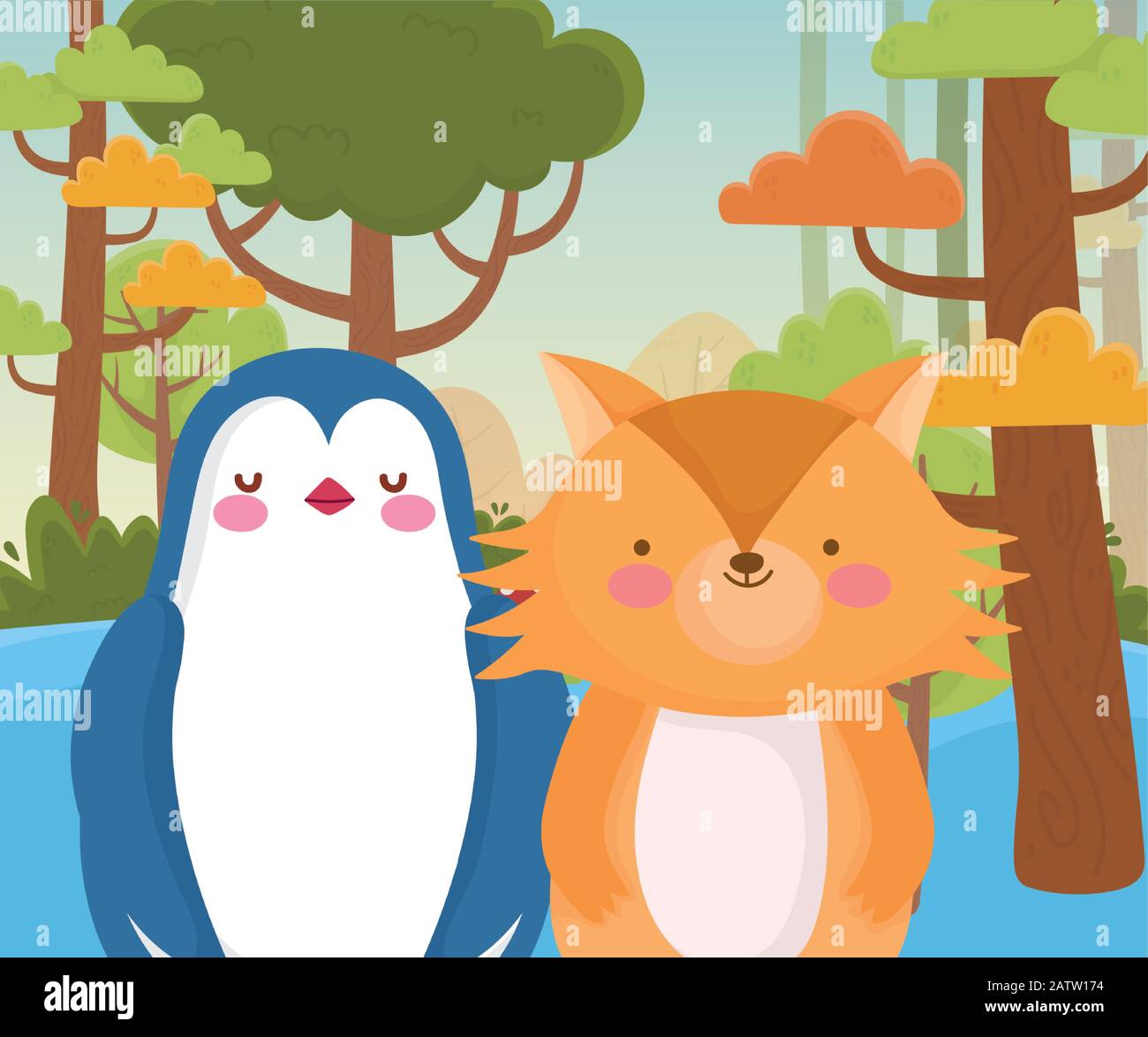 cute penguin fox lake trees nature forest foliage landscape vector ...