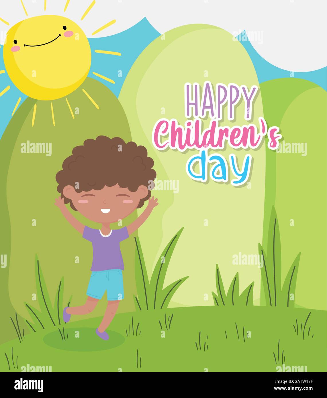 happy childrens day, cute little boy cartoon celebrating outdoors ...