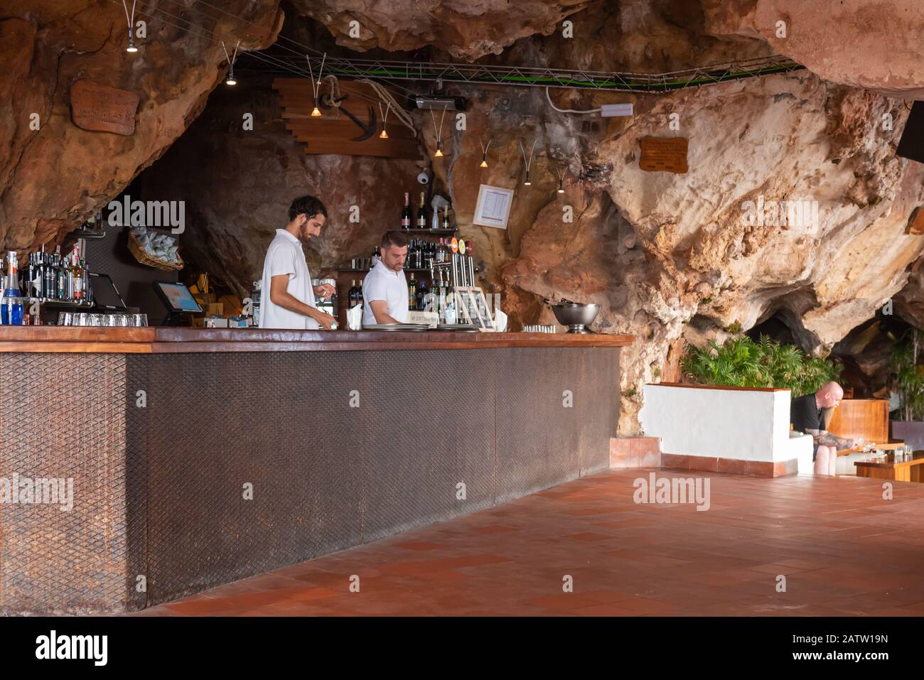 Menorca, Spain - October 14, 2019: Interior of cafe bar Cova d’en Xoroi ...