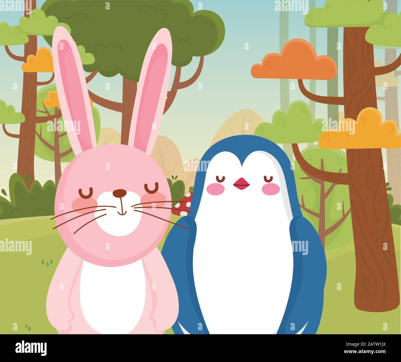 cute rabbit and penguin nature forest foliage landscape vector ...