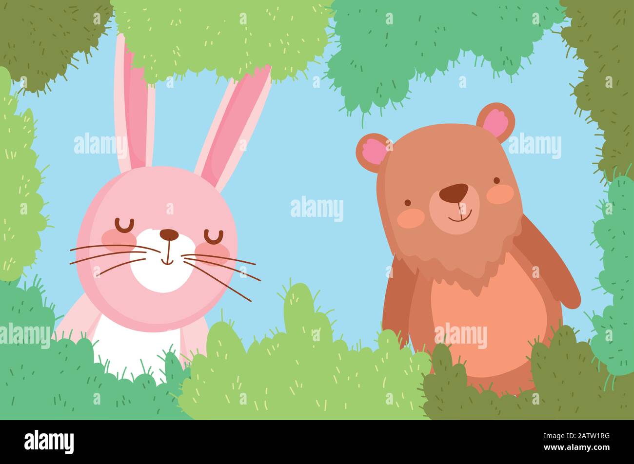 little rabbit and bear cartoon character forest foliage nature ...