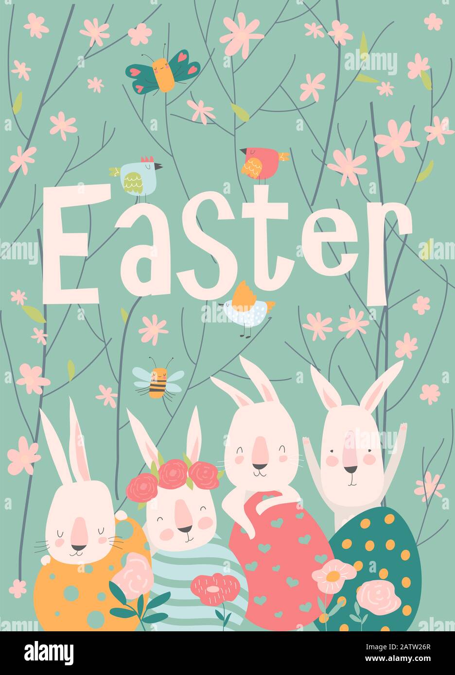 Cute cartoon bunny with Easter eggs and flowers Stock Vector Image ...