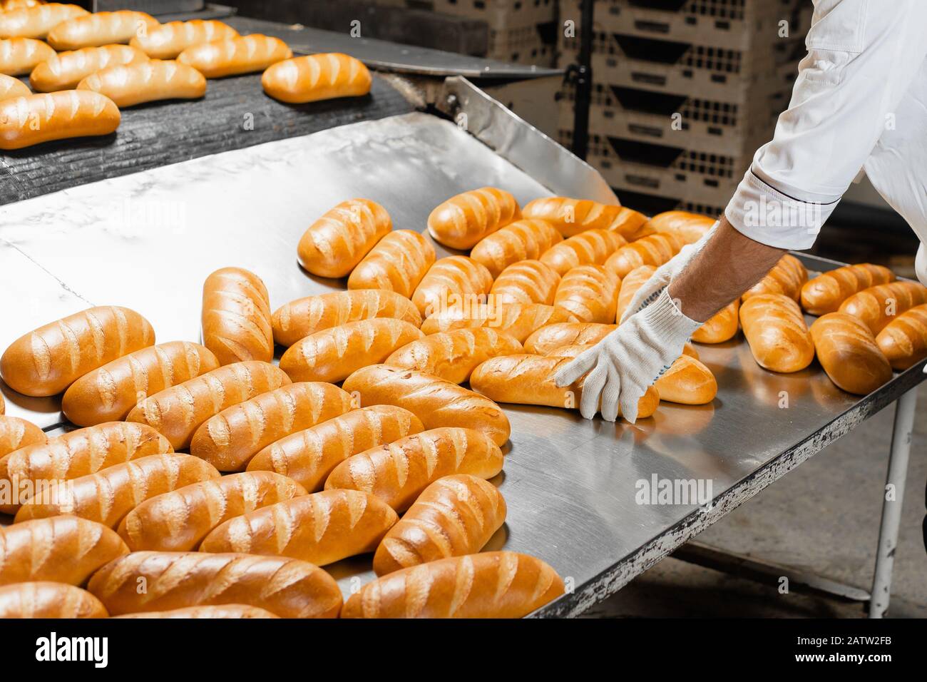 The oven in the bakery. Hot fresh bread leaves the industrial oven in a ...